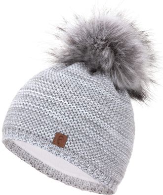 Faera Winterm&uuml;tze M&uuml;tze Damen warm gef&uuml;ttert Kunstfell Bommel Bommelm&uuml;tze Fleecefutter Winter Strickm&uuml;tze Beanie M&uuml;tze 31, Farbe:Hellgrau