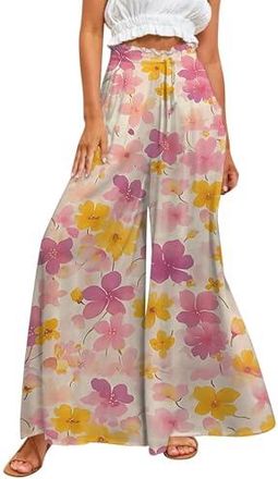 Generic Robe boh&egrave;me 2026 pour femme, pantalon palazzo &agrave; jambes larges, motif floral, jupe-culotte de plage d&eacute;t&eacute; 2025, pantalon fluide et d&eacute;contract&eacute;, jaune cl