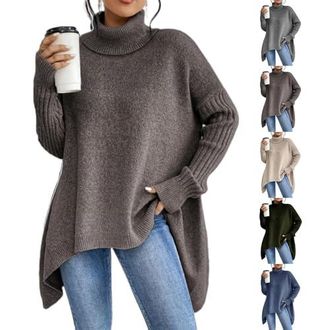 Generic Pull &agrave; col roul&eacute; de couleur unie pour femme, pull asym&eacute;trique &agrave; manches longues en tricot, robe sweat-shirt tendance, marron, XXL-6XL