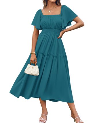 Grace Karin Damen Sommerkleid Elegant Cocktailkleid Lang Quadratischer Ausschnitt A-Linie Kleid Pfauenblau M