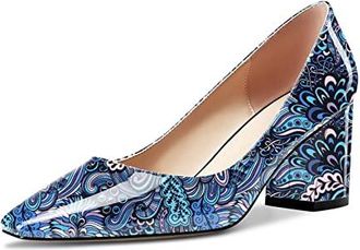 Castamere Femmes Bloc Chunky Mi Talon Heel Carré Bout Slip-on Escarpins Classique Bureau Dress 6.5 CM Heels Chaussures Bleu Multicolore 39 EU