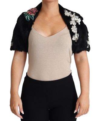 Dolce & Gabbana Womens Black Rabbit Fur Crystals Sequin Coat Clothing