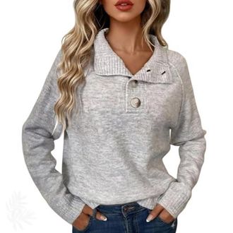 Generic Pull à col montant boutonné en tricot torsadé pour femme, col en V, tricot confortable, couleur unie, pull décontracté à manches longues, gris, XL