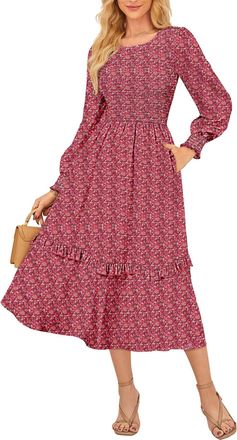 Kate Kasin Damen Freizeit Rundhalsausschnitt Elastische Hohetaille Laternen&auml;rmel Blumenkleid Rot XXL