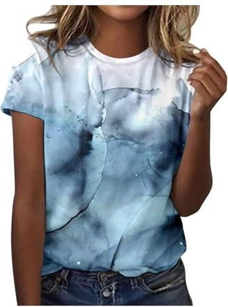 Generic T-shirt pour femme Printemps et &Eacute;t&eacute; Color&eacute; Imprim&eacute; Manches Courtes O-Neck, bleu fonc&eacute;, XXL