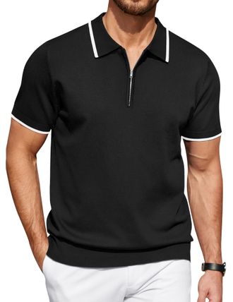 Coofandy Herren-Poloshirt mit Reißverschluss, lässig, gestrickt, kurzärmelig, Klassische Passform, Schwarz, XL
