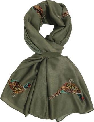 GFM Foulard de Noël pour femme avec imprimé faisans et oiseaux - Écharpe toutes saisons, vert olive, L