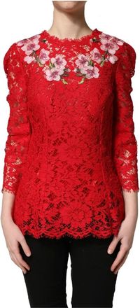 Dolce & Gabbana Femme, Blouses et Chemises, Rouge, Taille: 32 FR Haut &agrave; Manches Longues avec Dentelle et Broderie Florale