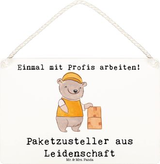 Mr. & Mrs. Panda holzbild Paketzusteller Leidenschaft DIN A6 - Geschenk, Schild mit Spruch, Witzig, T&uuml;rschild Familie, kleine aufmerksamkeit, Paketbote, Lustig, h&auml;nges