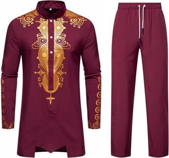 Generic Ensemble 2 pièces imprimé doré pour homme - Tunique traditionnelle à manches longues et cordon de serrage - Taille élastique - Avec poche - Costume et