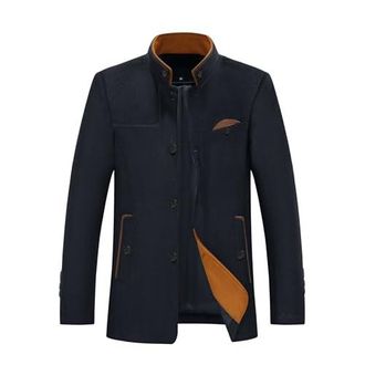 AlltheMen Manteau Hommes Hiver Trench Col Montant Chaud M&eacute;lange De Laine Casual Patchwork Outwear Boutonn&eacute; Bleu 3XL