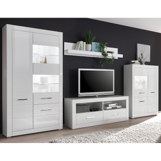 Loftscape home24 Wohnwand IV 4-teilig MDF Mitteldichte Holzfaserplatte, beschichtet Weiß 370 x 198 x 45cm