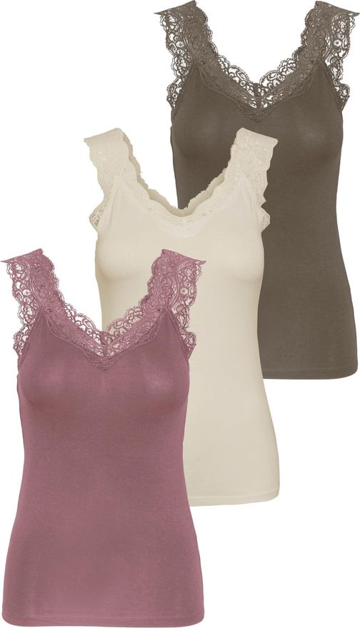 Damen PCBARBERA LACE TOP Spitzentop,3-Pack, Walnut/3-PACK Walnut-Birch-ROS, 2XL