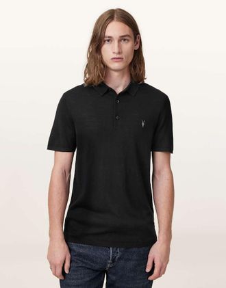 AllSaints Mode - Lang&auml;rmliges Polohemd aus Merinowolle in Schwarz
