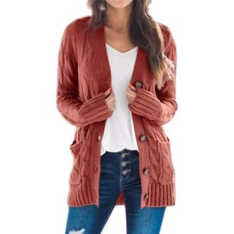 Generic Cardigan dautomne d&eacute;contract&eacute; &agrave; manches longues boutonn&eacute; sur le devant pour femme, cardigan ample &agrave; boutons avec poches, Rouge, 5XL
