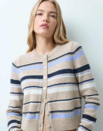 Abercrombie & Fitch Strick-Cardigan mit Rundhalsausschnitt in mehrfarbigem Creme-Streifenmuster-Neutral