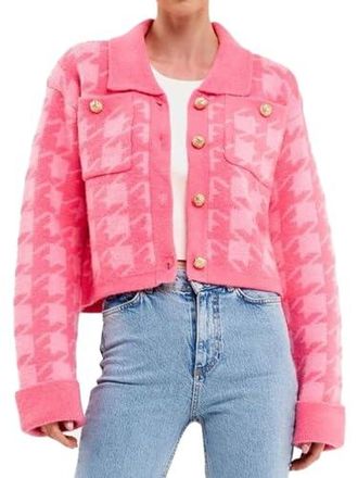 Generic Cardigan court &agrave; carreaux et col rond pour femme, coupe d&eacute;contract&eacute;e, manches longues, manteau tricot&eacute; boutonn&eacute; avec poches, rose, taille S pour le qu