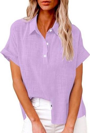 Generic Chemise unie à manches courtes pour femme - Coupe régulière - Col en V - Coupe ample - Pour la vie quotidienne - Cadeaux de Noël, violet, M