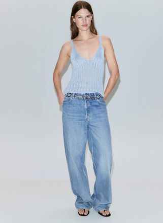 Mango Top en maille ajour&eacute;e en lurex bleu ciel - Femme - XXS - MANGO