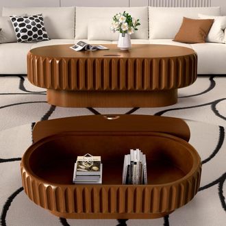 Generic Ovaler, geriffelter Couchtisch (110 cm) mit Stauraum f&uuml;r das Wohnzimmer, moderner, ovaler Beistelltisch mit Reliefdekor und robustem Sockel f&uuml;r kleine