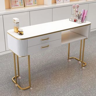 Generic Manicure Table Station Modern Nail with Drawers and Open Shelf, Desktop Glass, Metal Stand with 6 Mobile Wheels, Professional for Salon, Spa, Beauty(1