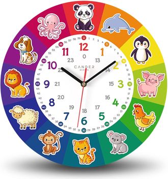Cander Berlin MNU 7930 T Kinderwanduhr lautlos 30,5 cm geräuschlos MDF analog Lernuhr Jungen Mädchen Kinderzimmer ohne Tickgeräusche bunt Tiere