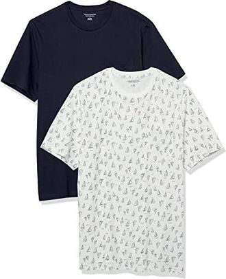 Amazon Essentials T-shirt coupe droite à encolure ronde et manches courtes, avec poche Homme, Lot de 2, Bleu Marine/Gris Imprimé Bateaux, XXL