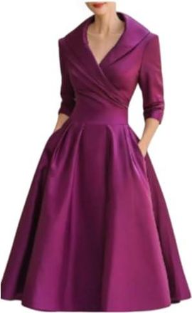 Generic Robe midi &eacute;l&eacute;gante &agrave; col en V pour femme - Manches longues - Robe de soir&eacute;e formelle fronc&eacute;e avec poches, violet, XXL