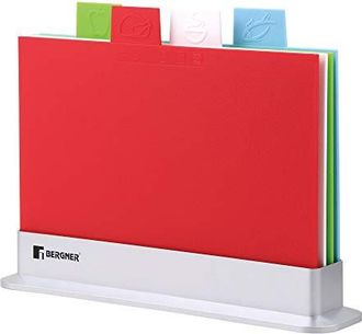 Bergner Colors | Schneidebrett 4er Set | Maße 29 x 22,5 x 0,4 cm | Aus Kunststoff | Inklusive Aufbewahrungsständer | Küchenutensilien | Verschiedene Farben