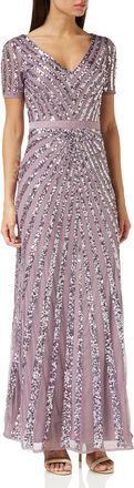 Maya Damen Maxi Womens Ladies Embellished Sequin Dress Long Short Sleeve V Neck High Empire Waist A Cut Shiny Prom Wedding Brautjungfernkleid, Moody Lilac,