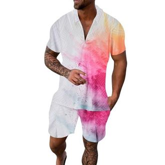 Generic Polo Homme D&eacute;contract&eacute; Ray&eacute; Gradient Rampe Imprimer Deux Pi&egrave;ces Fermeture &agrave; Glissi&egrave;re Manches Courtes Haut Blouse Cordon Sac Ensemble Court, Blanc., 6