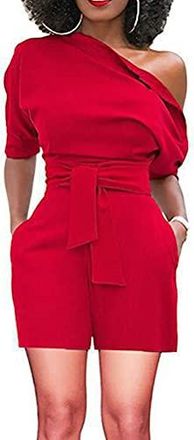 TOMWELL Femmes Jumpsuit Ete Manches Courtes Sexy Une Épaule Playsuit Combinaisons Solides Short Pantalon Combishort de Plage avec Ceinture Rouge L