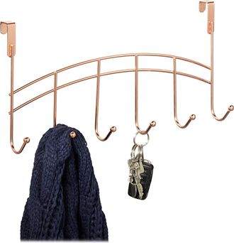 Relaxdays T&uuml;rgarderobe, 6 Haken, zum Einh&auml;ngen, Metall, T&uuml;rhakenleiste Flur, Schlafzimmer, Bad, HBT 20x40x9 cm, Kupfer