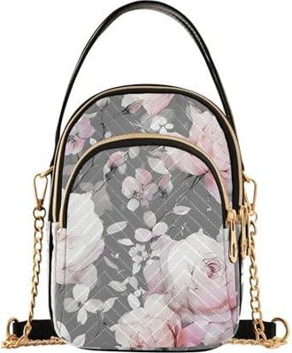 Mnsruu Sac à bandoulière pour femme avec sangle réglable - Rose et feuilles grises - Aquarelle