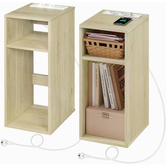 Woltu Nachttisch 2er Set, Beistelltisch mit Ladefunktion Couchtisch mit 2 Steckdosen, 2 USB-Anschl&uuml;ssen, Stauraum, 2 offene F&auml;cher, f&uuml;r Schlafzimmer