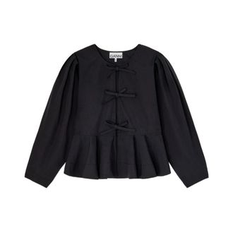 Ganni Baumwoll-Popeline-Peplum-Bluse mit Bindung - - Blouses & Shirts - Damen - Schwarzk - XS