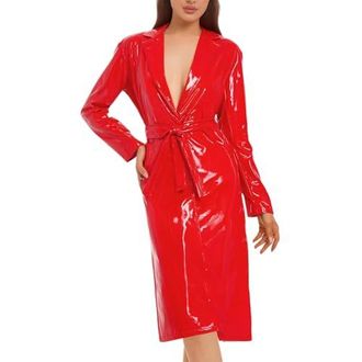 dPois Femme Manche Longue Jacket Cuir Verni Veste Moto Avec Ceinture Pole Danse Festival Rave V&ecirc;tements Y2K Veste Cuir Noir Marron carnaval Rouge L