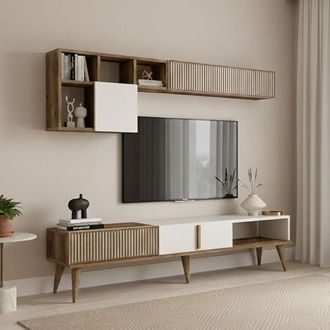 Dmora Wohnwand Kepler 180x35x40 cm Braun 10 F&auml;cher 4 T&uuml;ren