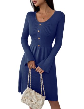 Zeagoo Winterkleider Damen Knielang Strickkleid Langarm Herbstkleid A Linien Pulloverkleid Kleider Winter mit Trompeten&auml;rmel Blau XXL