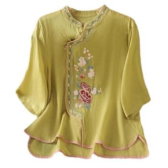 Generic Floral Embroidered Blouse Tops Retro Chinese Frog Button Tees Traditional Collar T-Shirts
