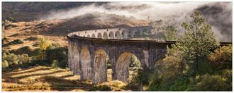 Wallario Glasbild Viadukt im Morgennebel - 50 x 125 cm Wandbilder Glas in Premium-Qualit&auml;t: Brillante Farben, freischwebende Optik