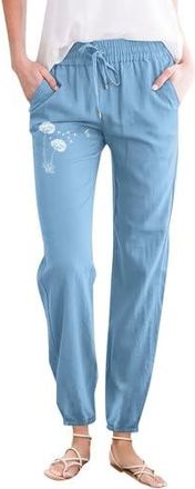 Generic Pantalon en coton et lin pour femme - Jambe large - Pantalon de plage d&eacute;t&eacute; pour femme - Confortable - Pantalon de yoga Palazzo XIYU26031, bleu clair, 