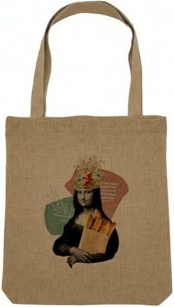 Fabulous Sac Shopping Tote Bag Aspect Lin - La Joconde Boulangerie Parodie Collage Art Surr&eacute;alisme France - Sac de Courses Toile Epaisse 360g Beige Naturel Cab
