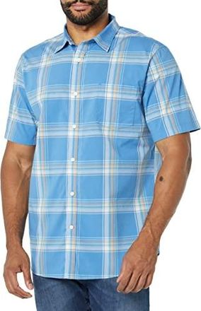 Amazon Essentials Chemise en Popeline &agrave; Manches Courtes Coupe Ajust&eacute;e Homme, Bleu Clair Orange &Eacute;cossais, XXL