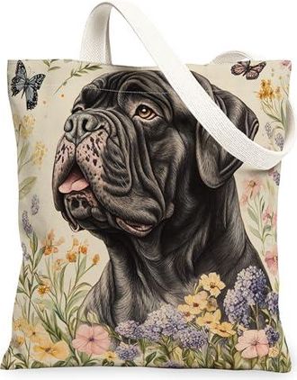 Generic Spring Neopolitan Sac fourre-tout en toile motif chien mastiff pour le shopping 33 x 38 cm, sac d&eacute;picerie r&eacute;utilisable vintage pour femme, motif anima