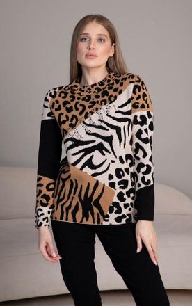 Passioni Strickpullover in Tiermuster Mix und mit Strassdetail