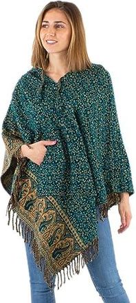 Coline Poncho &agrave; Capuche Fleuri - Couleur : Petrole - Taille Unique