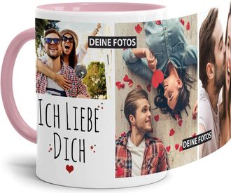 Tassendruck Fototasse mit Spruch - Ich Liebe Dich - zum SELBSTGESTALTEN mit 3 WUNSCHFOTOS Verliebte, Freund oder Freundin - Innen & Henkel Rosa