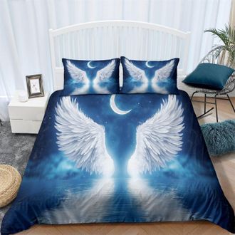 Generic Blau Bedruckte Bettwäsche Set 135 x 200 cm Bettbezug, für Mädchen Paar Schlafzimmer Dekoration Fantasy Wasser Engel Flügel Bedruckt Bettbezug-Set und 