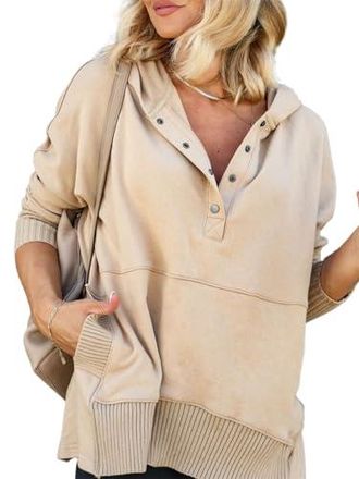 Generic Chandail &agrave; capuche surdimensionn&eacute; pour femme, coupe d&eacute;contract&eacute;e, demi-bouton, manches longues, patchwork avec poche, bleu, taille S pour le quotidien